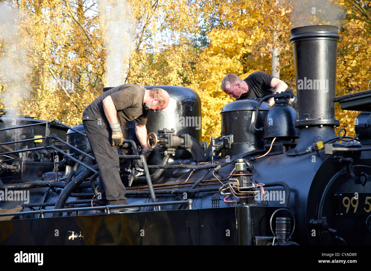 Harzer Schmalspurbahnen heritage steam train with the crew cleaning and ...