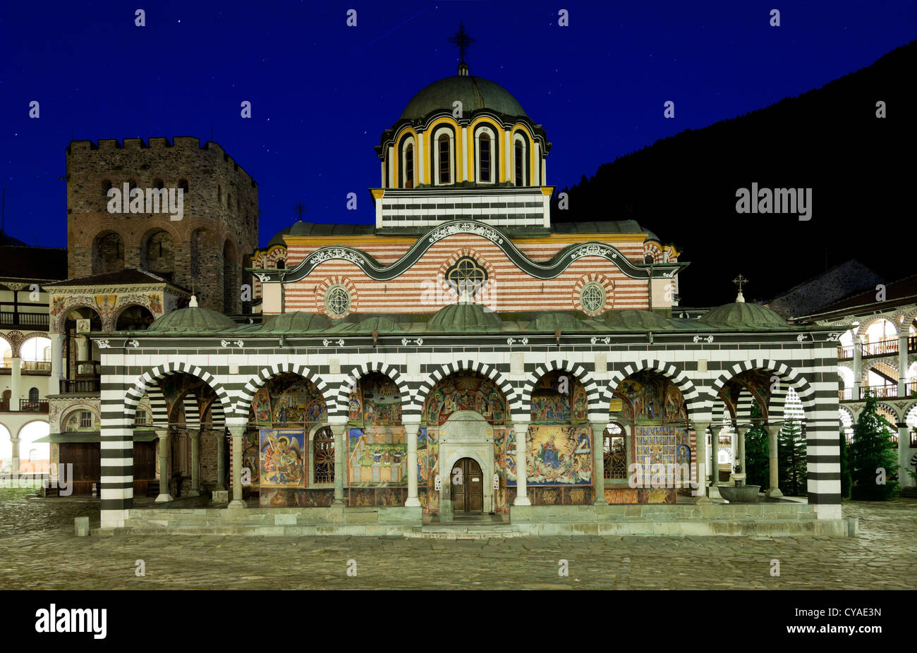 Night picture of the bulgarian Rila monastery with a falling star ...