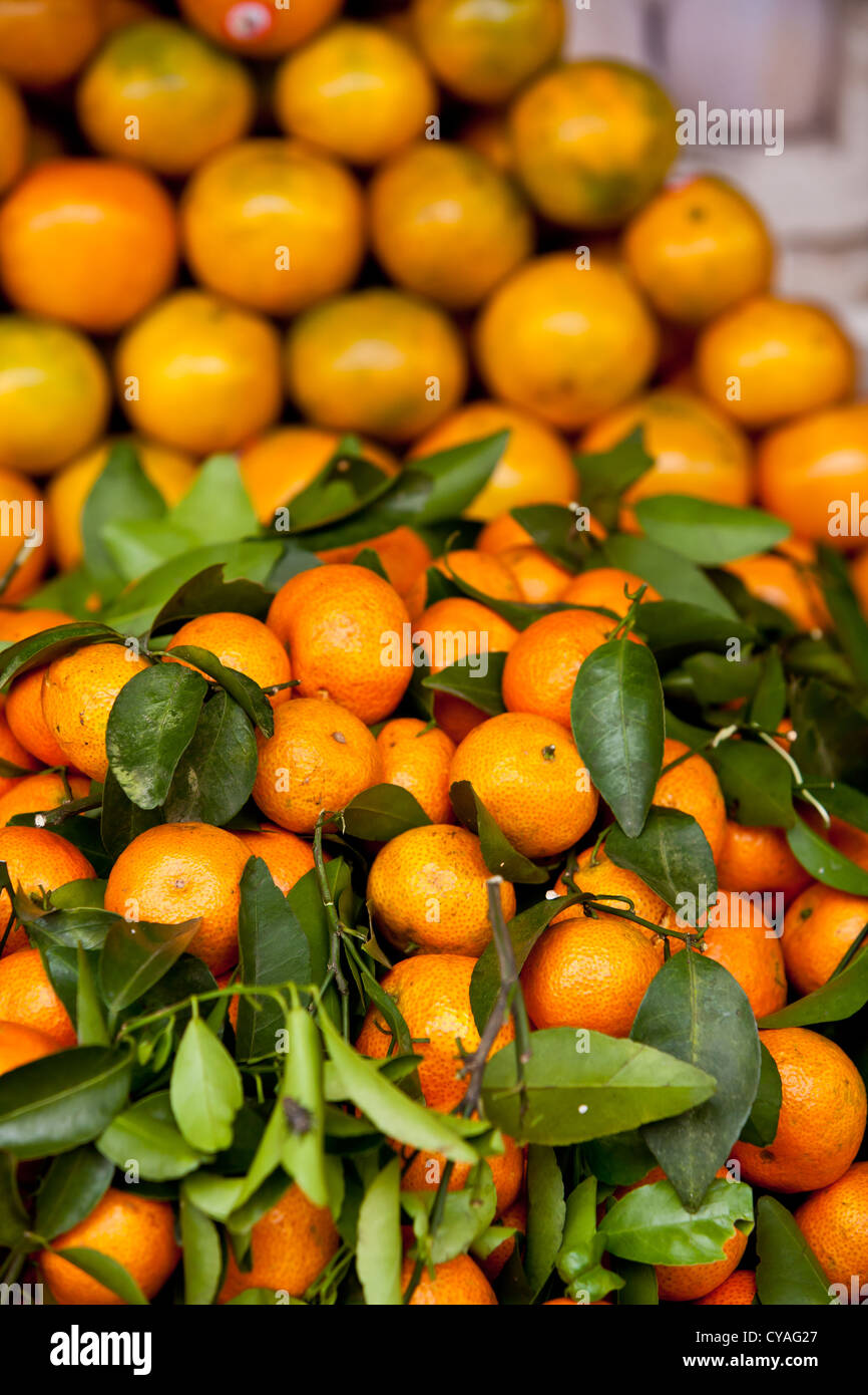 A pile of ripe tangerines displayed on a fruit stand in Siem Reap ...