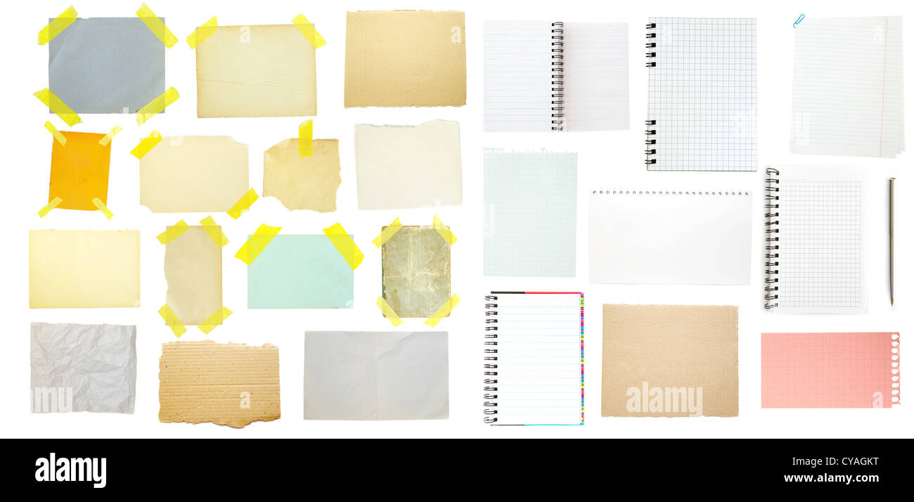 collection of old note paper on white background Stock Photo - Alamy