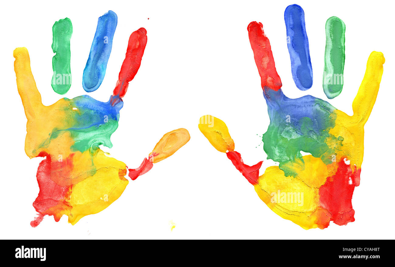 Multicolored hand print on white background Stock Photo - Alamy