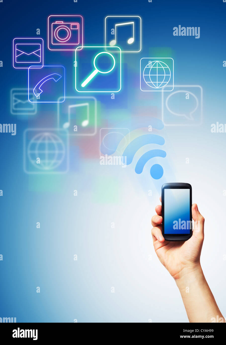 Cell phone (smartphone with touchscreen) in male hand and virtual ...