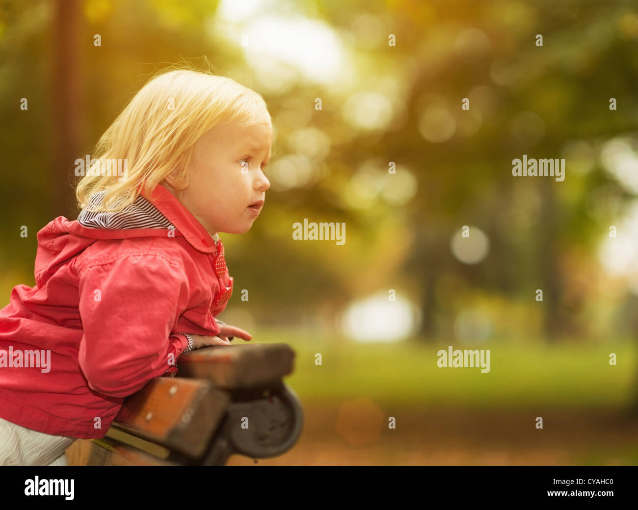 Baby leaning on bench and looking on copy space Stock Photo - Alamy