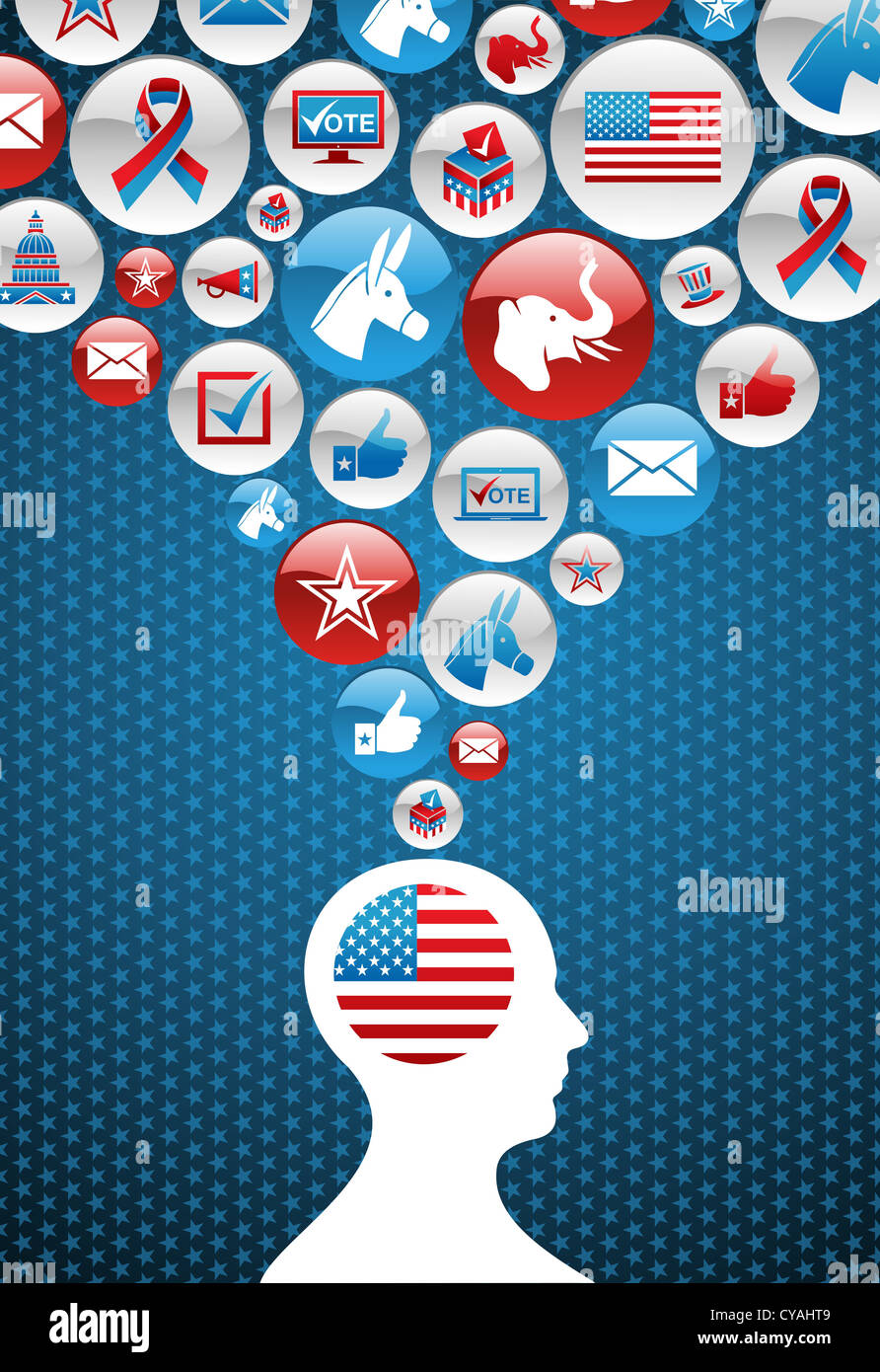 USA elections voting man head with icons splash background. Vector file ...