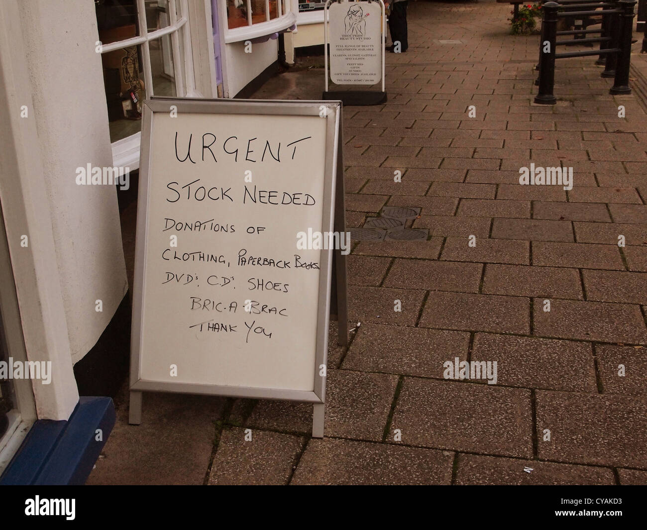 Charity shop sign on the street in Thornbury, South Gloucestershire ...