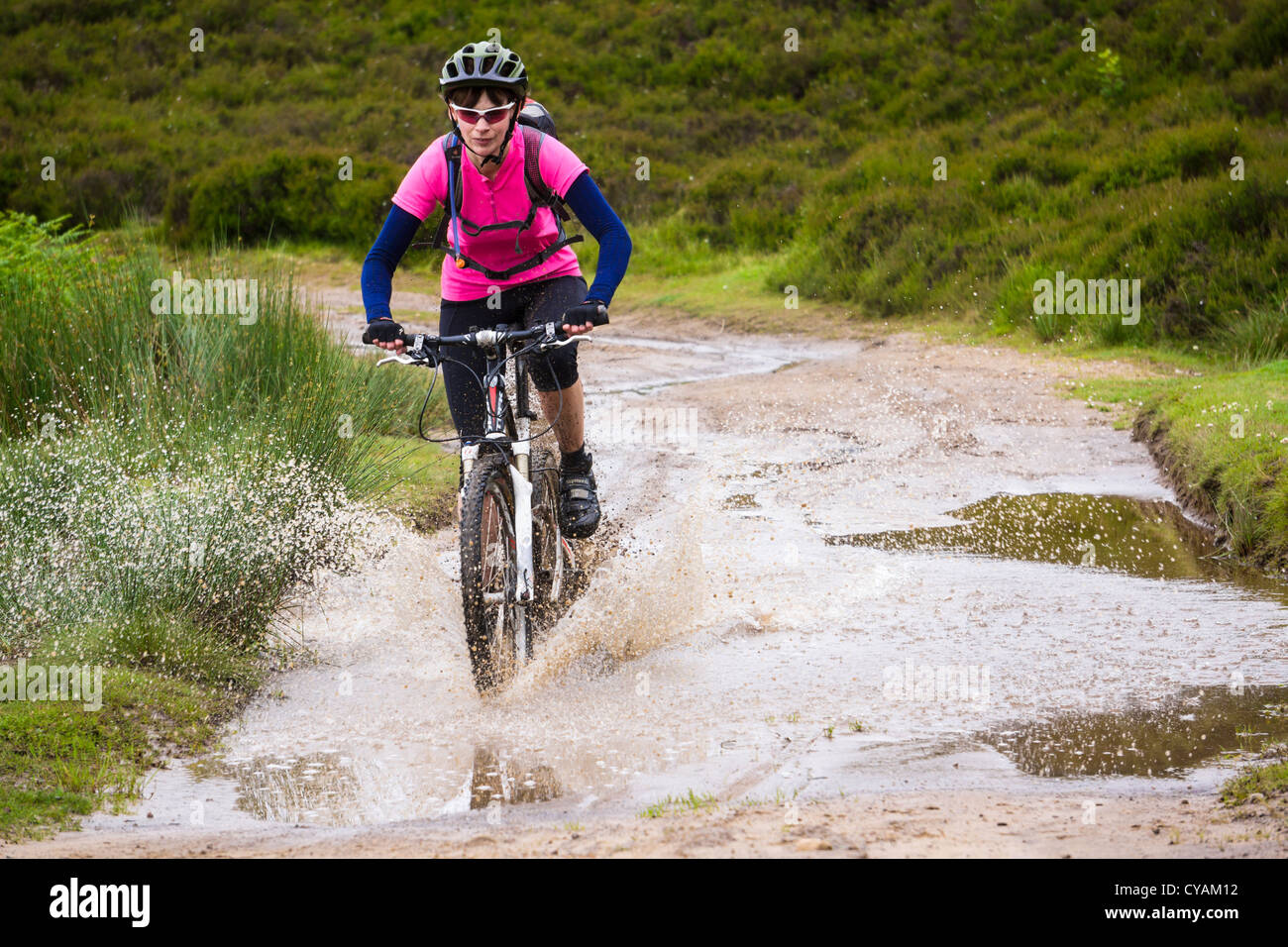 A woman riding her bike through a deep puddle on a moorland track at ...
