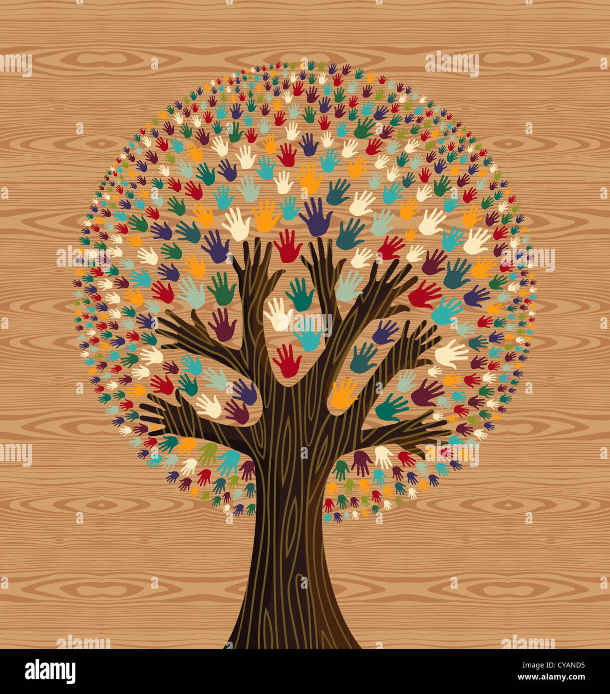 Diversity tree hands illustration over seamless wooden pattern ...