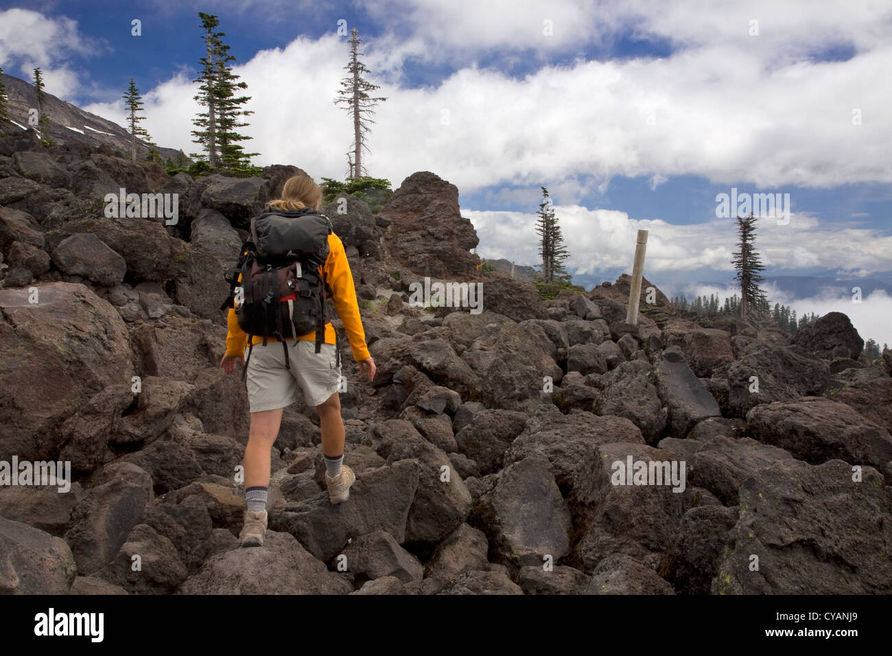 WASHINGTON - Hiker on the Loowit Trail on the southwest side of Mount ...