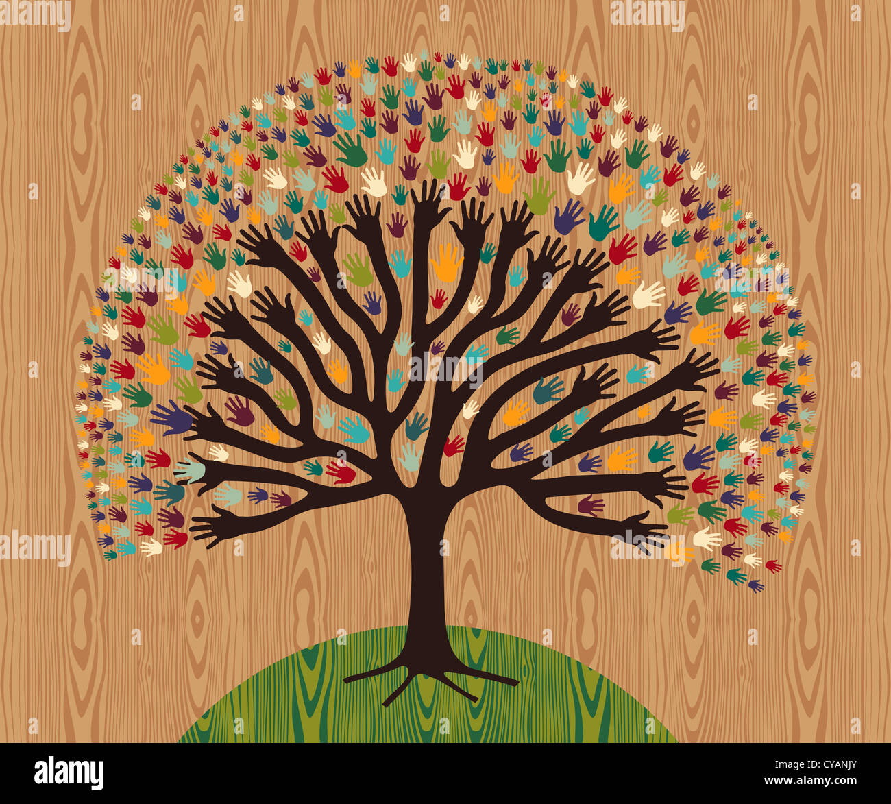Diversity tree hands illustration for greeting card over wooden pattern ...