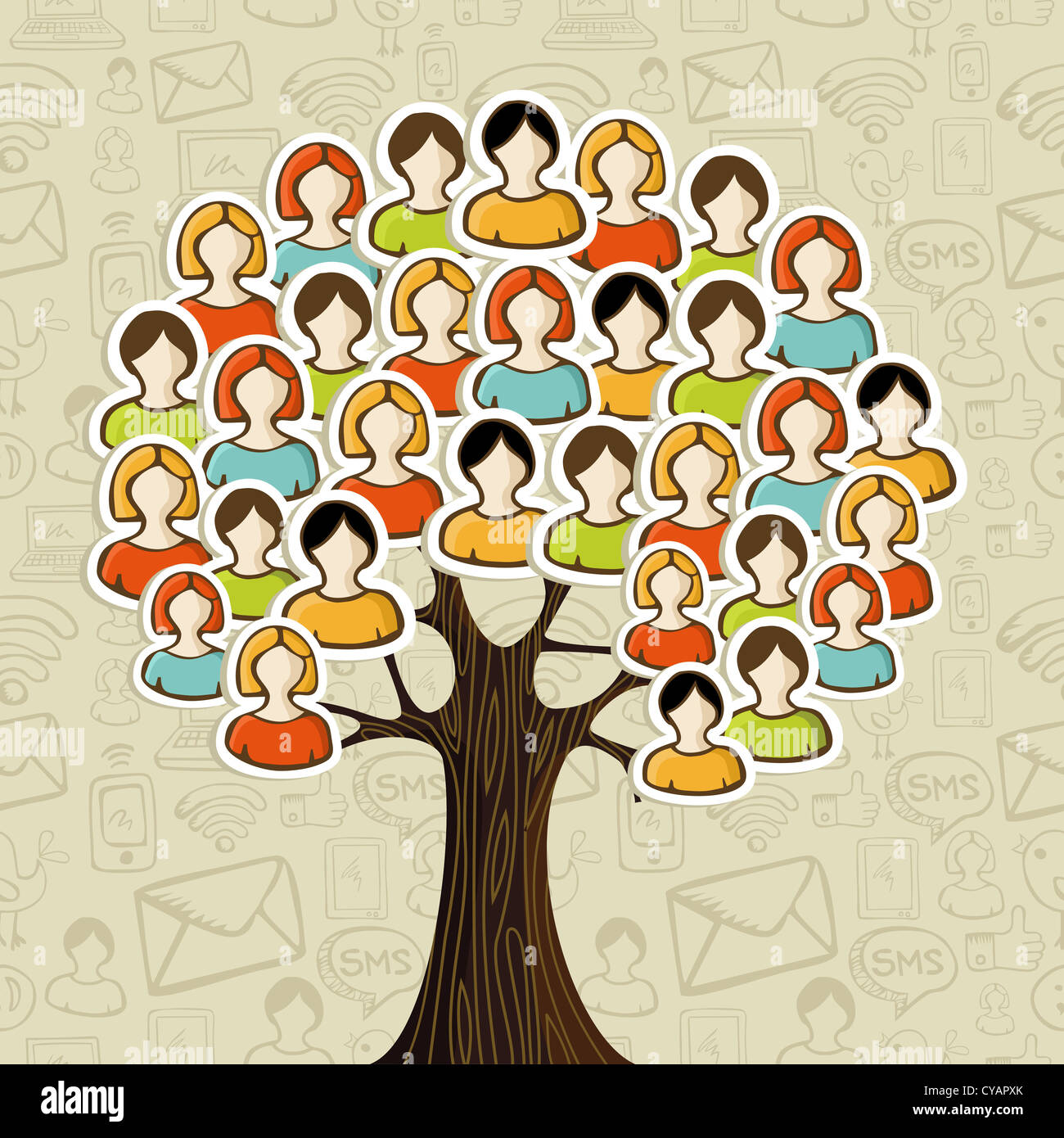 Social media networks tree with people icons leaves over icons pattern ...