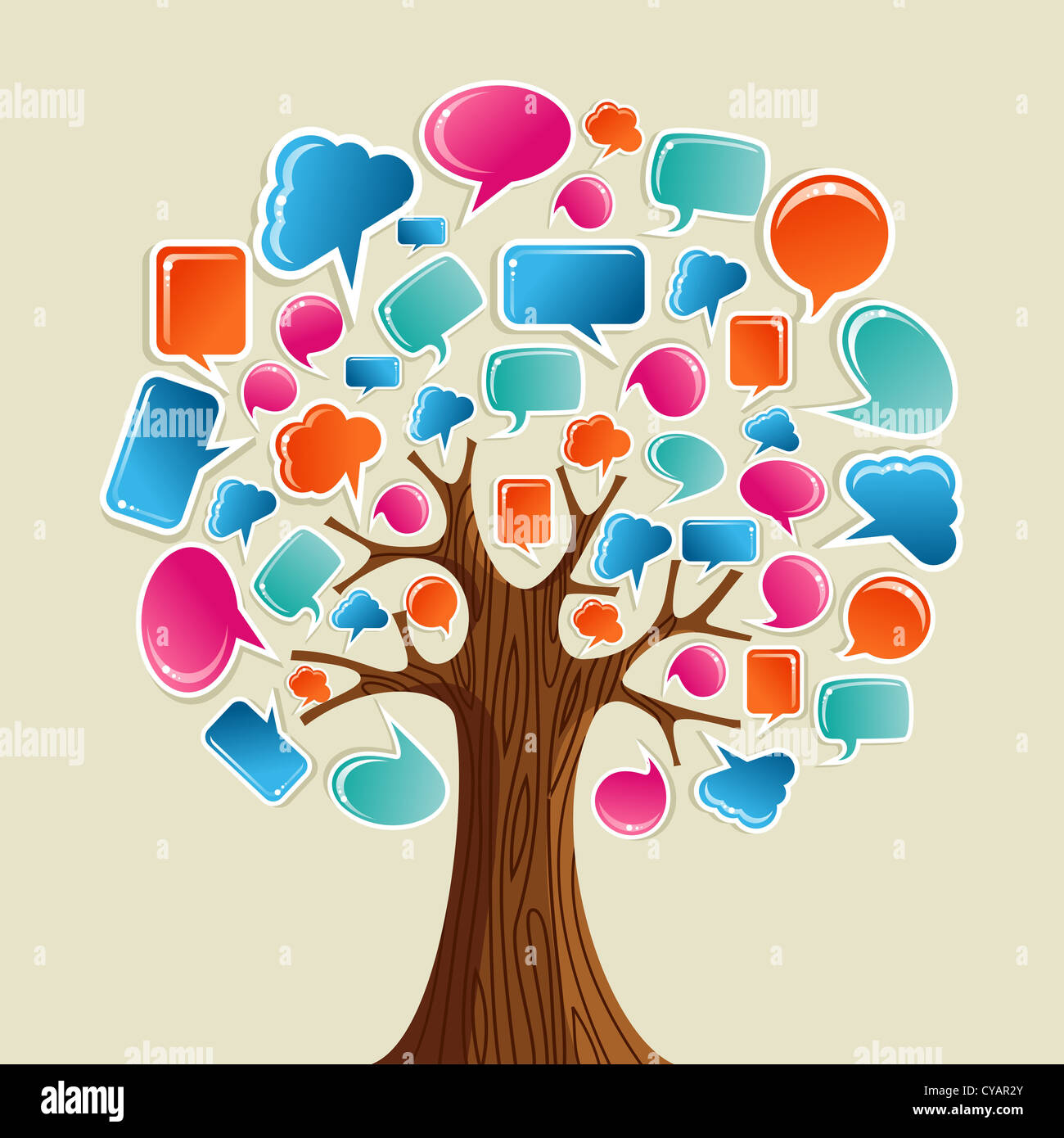 Social network tree with glossy speech bubbles leaves. Vector ...