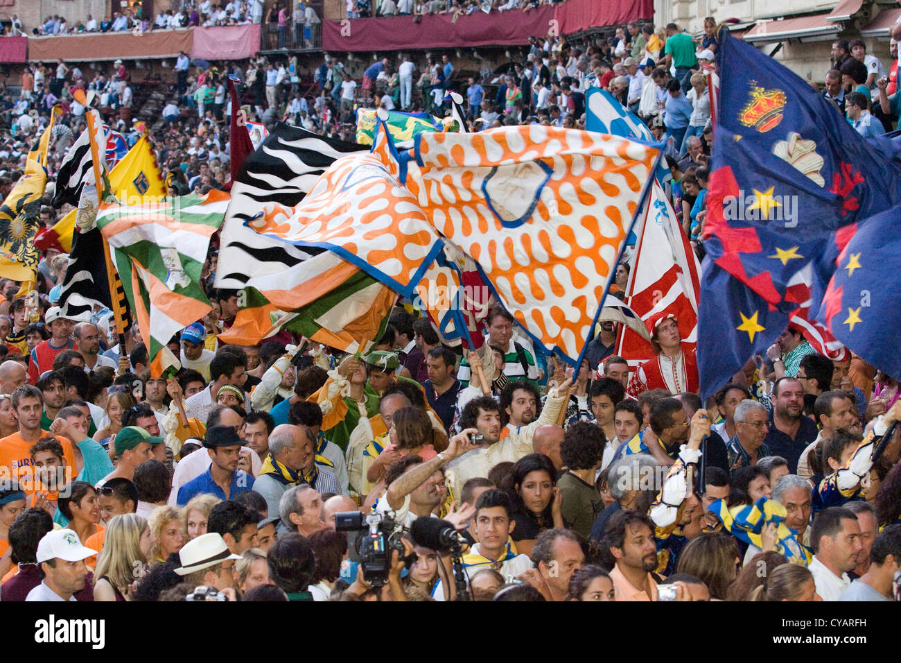Flags of the contrade of the palio of siena hi-res stock photography ...