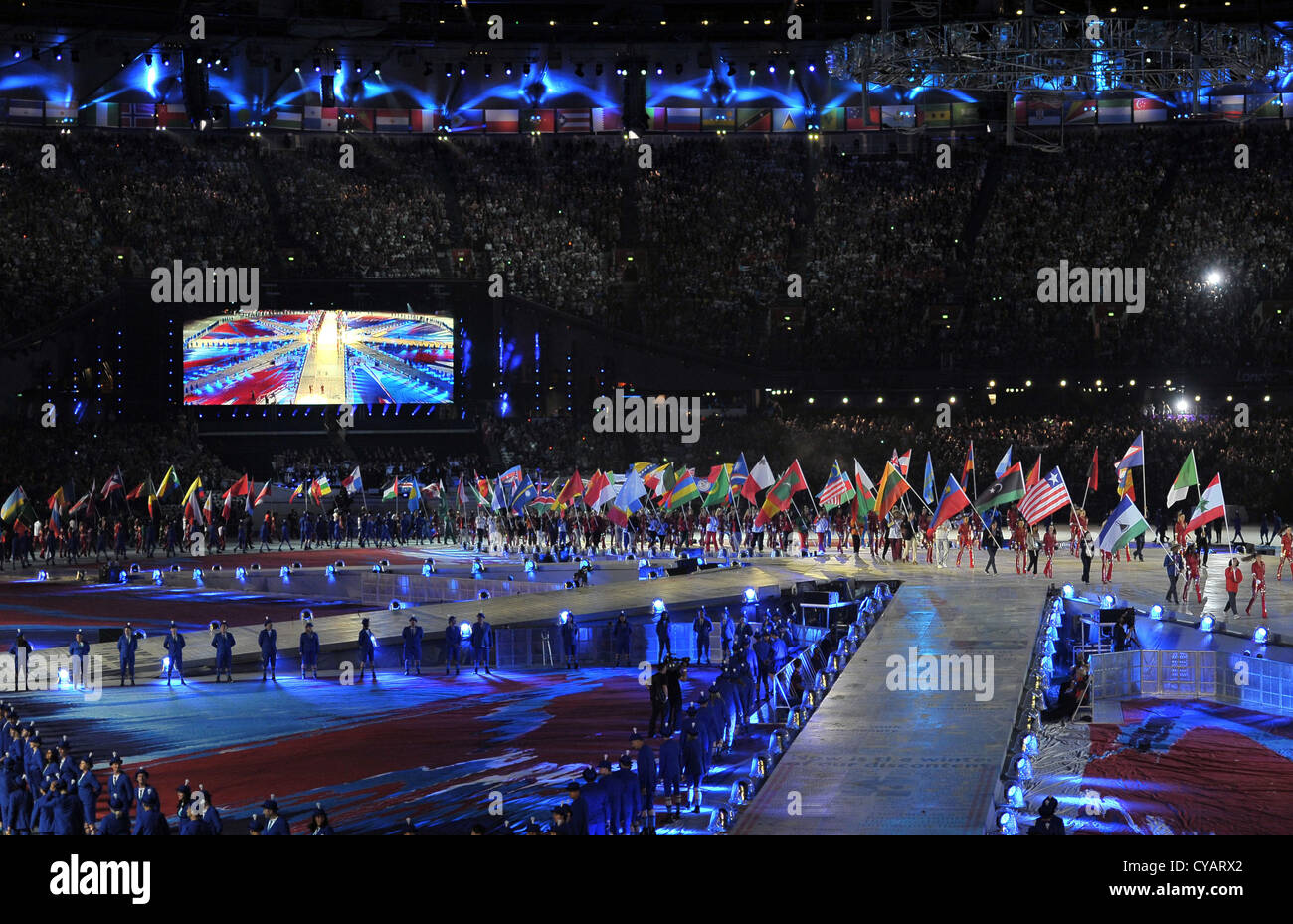 The flags of the 204 participating nations arrive at the london 2012 ...