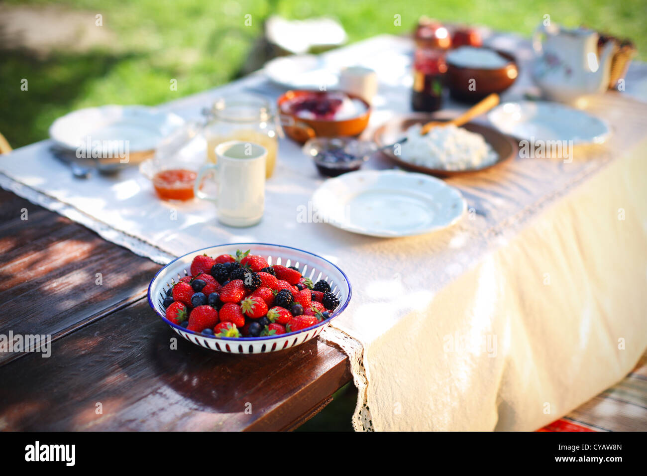 Breakfast table with plate of fresh berries, set outside Stock Photo ...