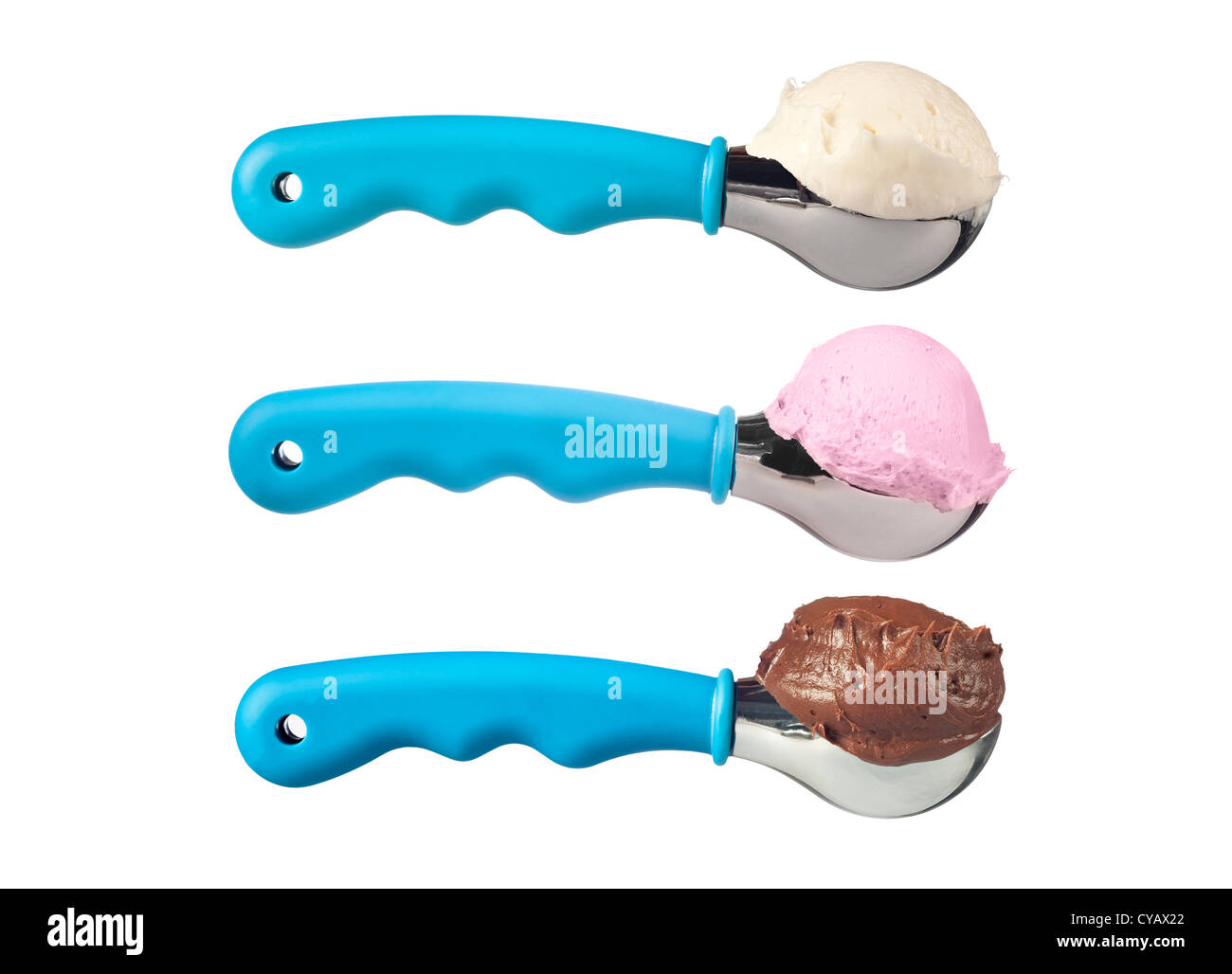 A selection of chocolate, strawberry and vanilla ice cream scoops ...