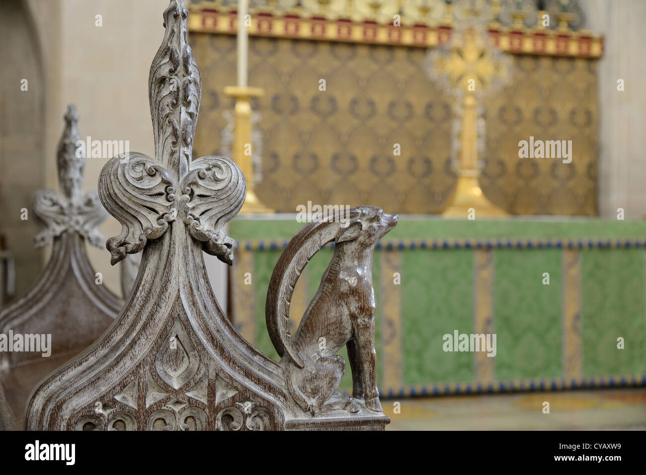 Pew detail and altar Stock Photo - Alamy