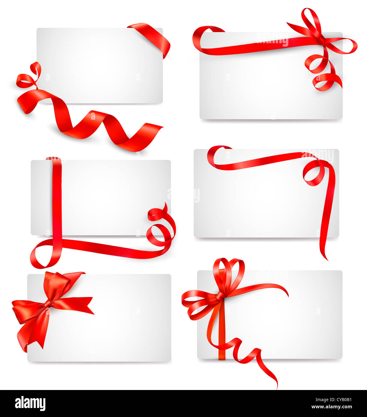 Set of card note with red gift bows with ribbons Stock Photo - Alamy
