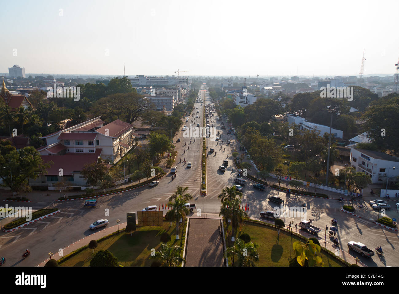 Aerial View over Vientiane from the Top of the Arch of Triumph Patu Xay ...