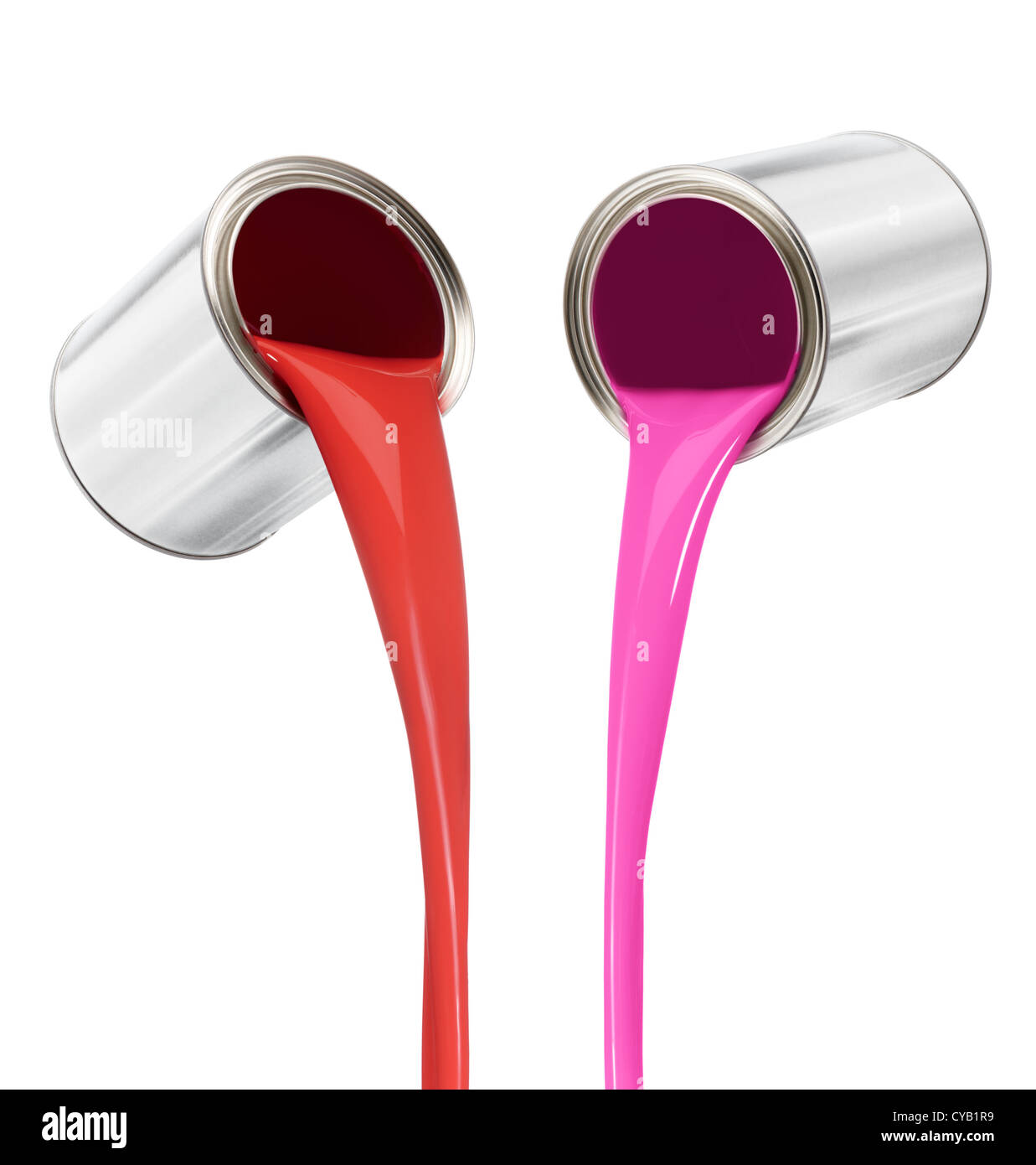 pouring red and pink paints from its buckets Stock Photo - Alamy