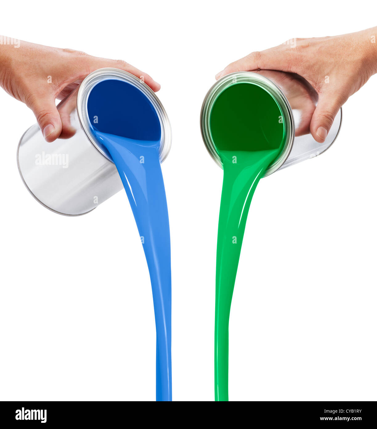 pouring blue and green paints from its buckets Stock Photo - Alamy
