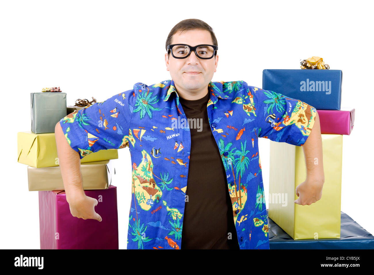 happy silly salesman with some boxes, isolated on white Stock Photo - Alamy