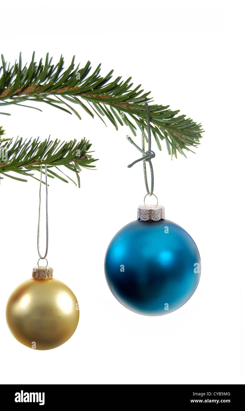 christmas decoration baubles and a branch of pine tree Stock Photo - Alamy