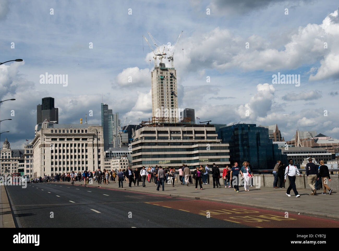 A view form the center of London Bridge towards the city of London ...
