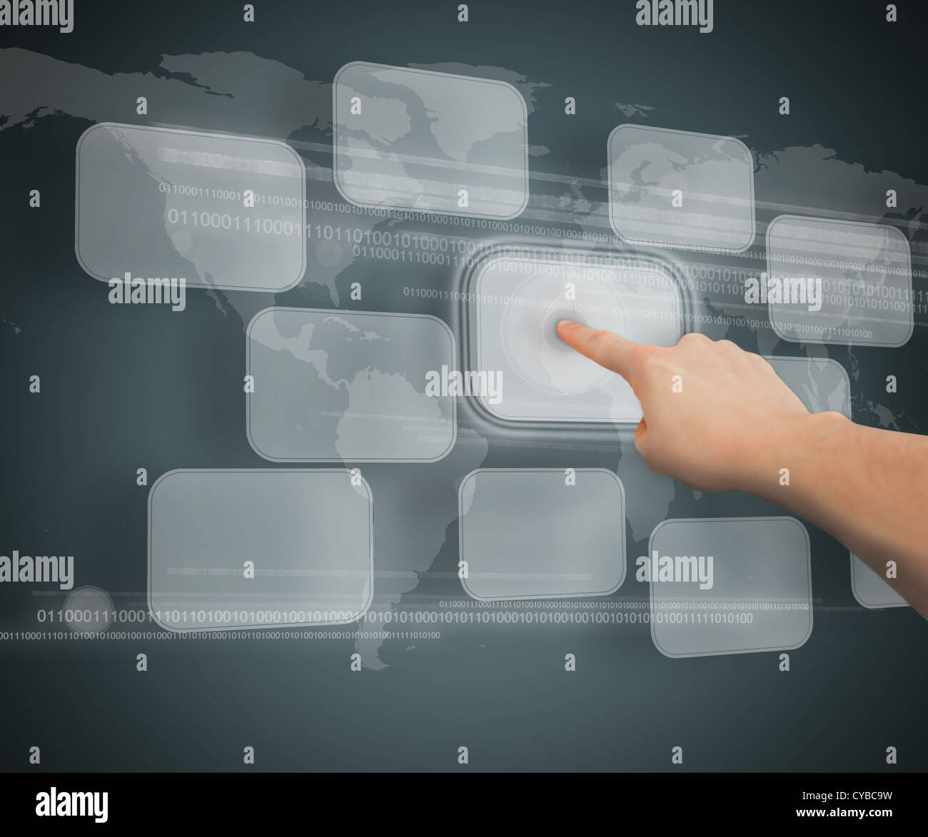 A finger touching button against grey background Stock Photo - Alamy