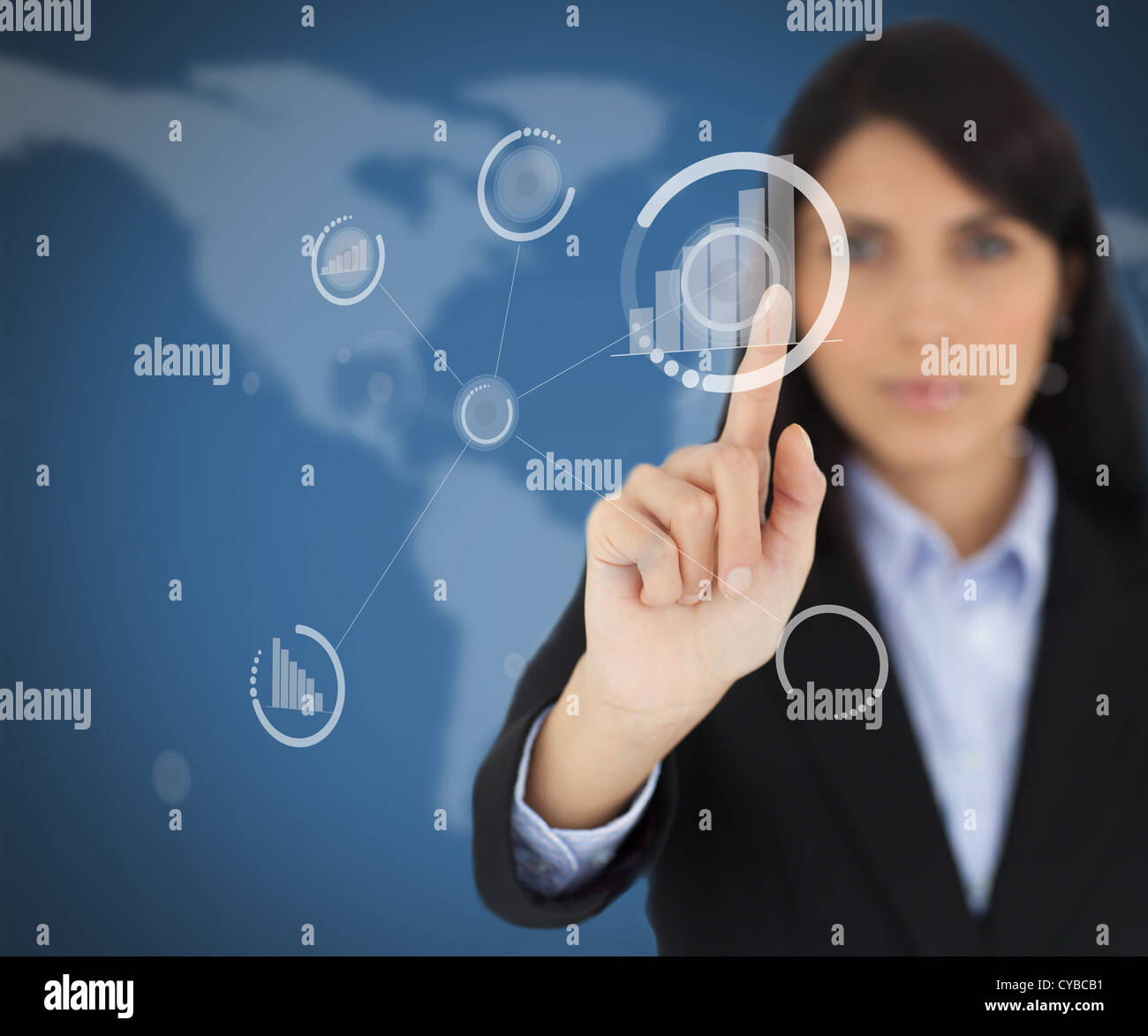 Businesswoman touching one button blue screen Stock Photo - Alamy