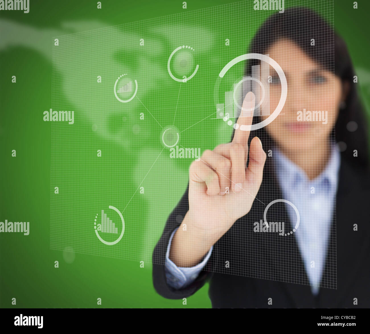 Businesswoman touching one button green screen Stock Photo - Alamy