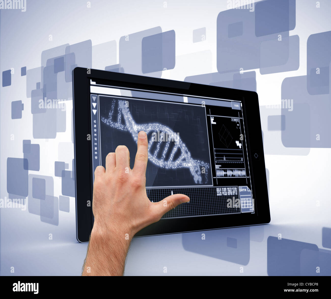 Man pointing at DNA interface on digital tablet Stock Photo - Alamy