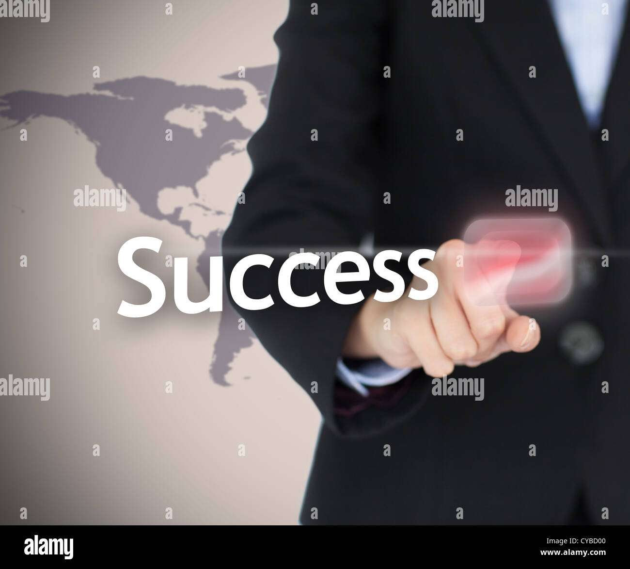 Woman touching on success button Stock Photo - Alamy