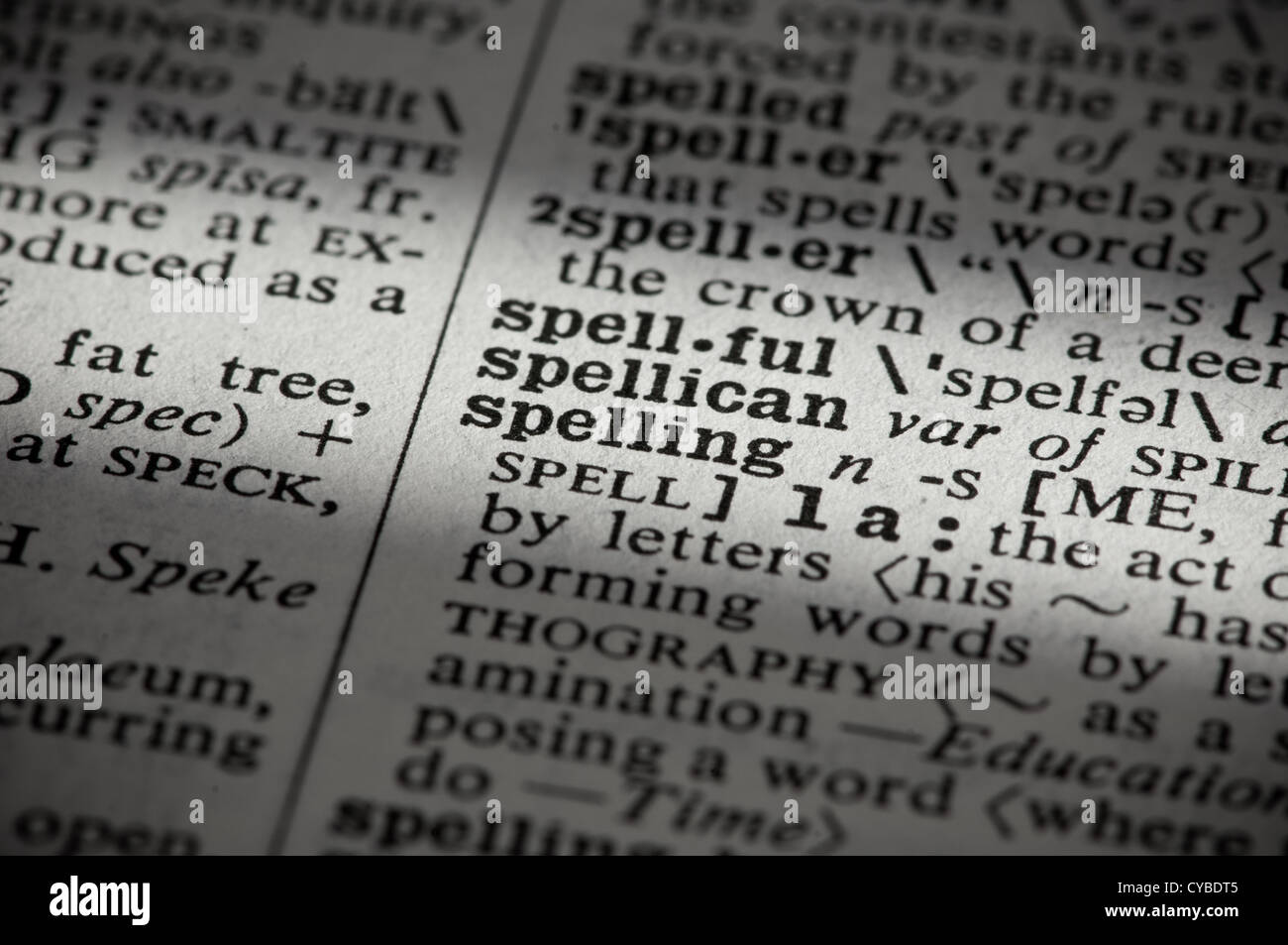 Closeup of a page in an English dictionary with the word "spelling ...