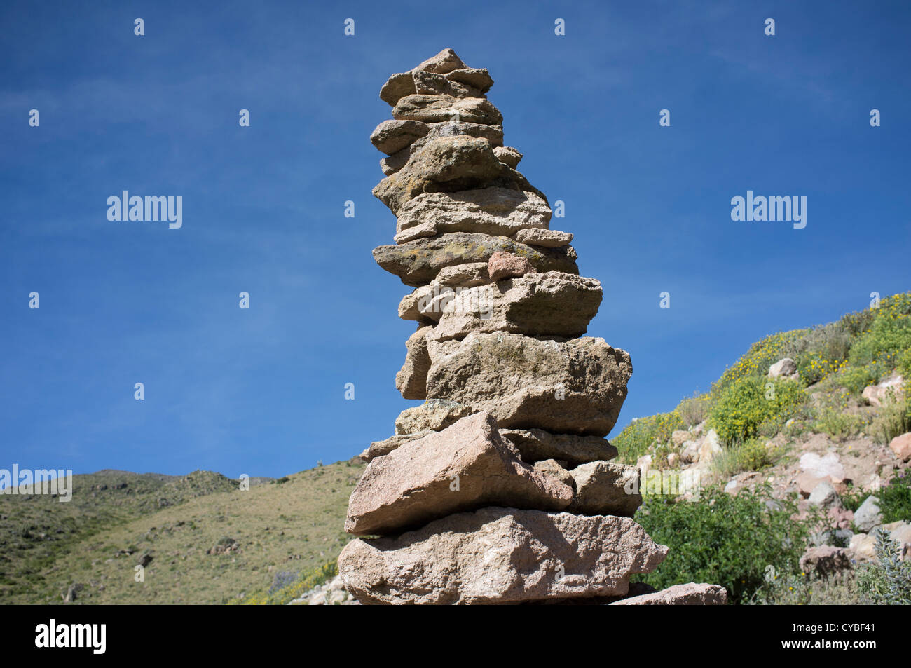 Piles of stones left as shrines in the The Colca Valley. Peru Stock ...