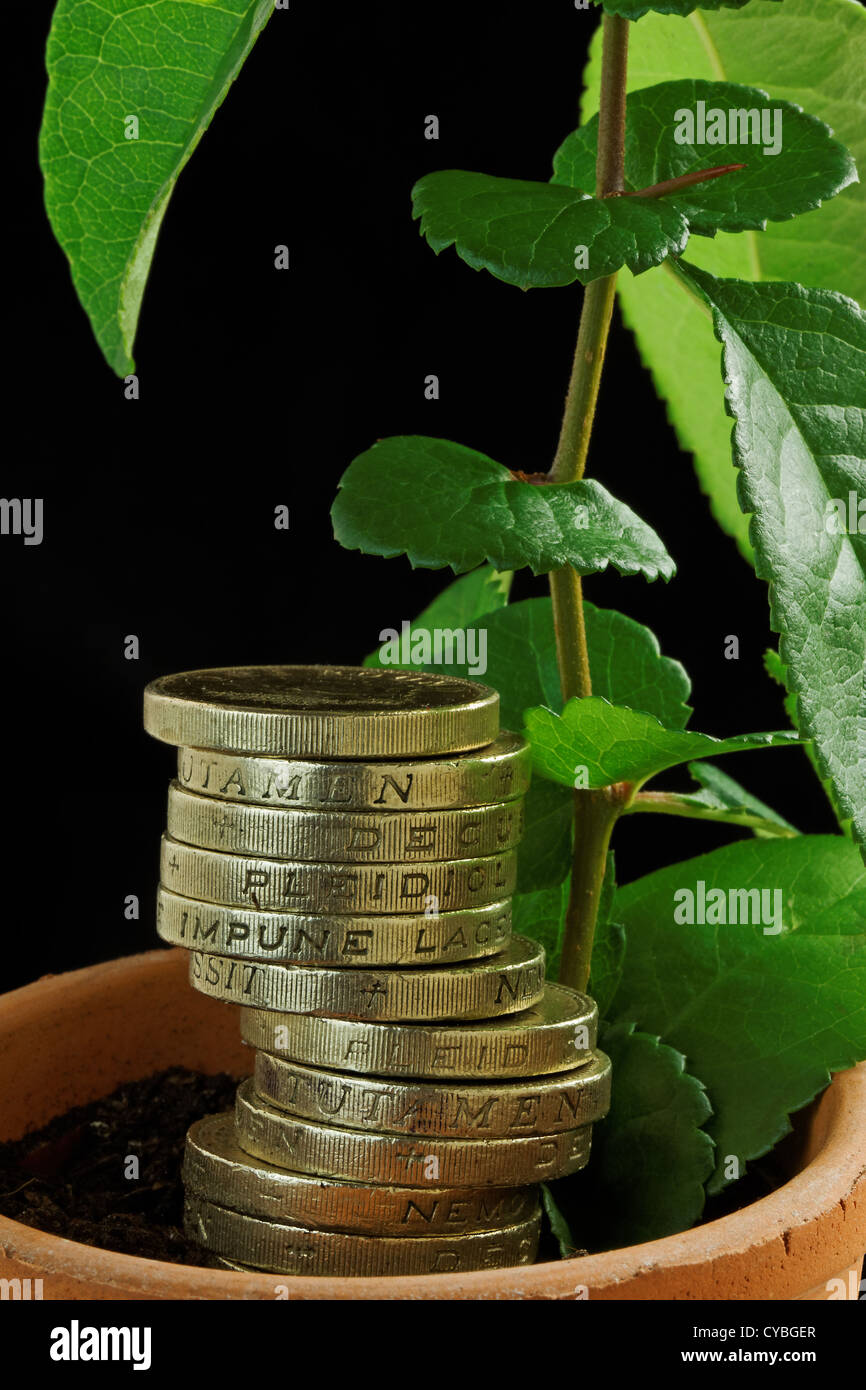 Pile of pound coins growing in a pot symbolising economic growth and ...