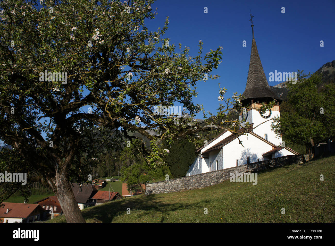Town and church of Oberwil, Simmen valley, Bernese Oberland ...