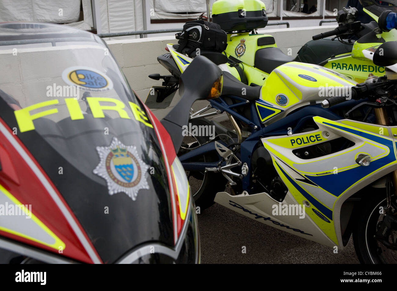 UK emergency services (Fire, Police and Paramedics) motorbikes on ...