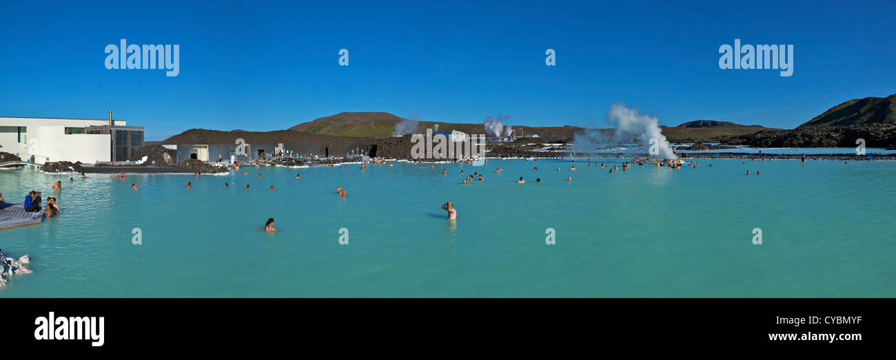 Panoramic photo of outdoor geothermal swimming pool and power plant at ...