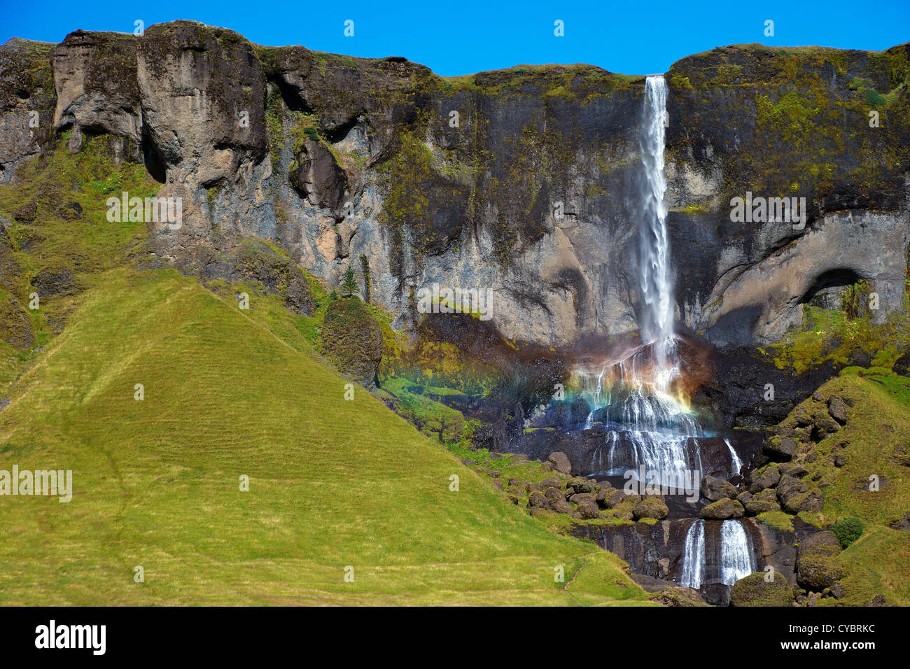 Waterfall in summer sunshine at Foss a Sidu, South coast, Iceland Stock ...