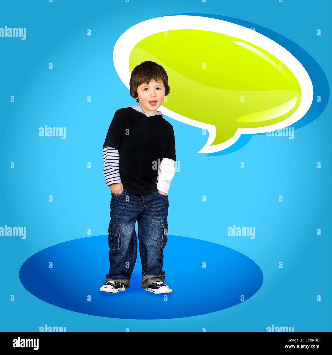 Cute little boy with glossy speaking bubble over illustration ...