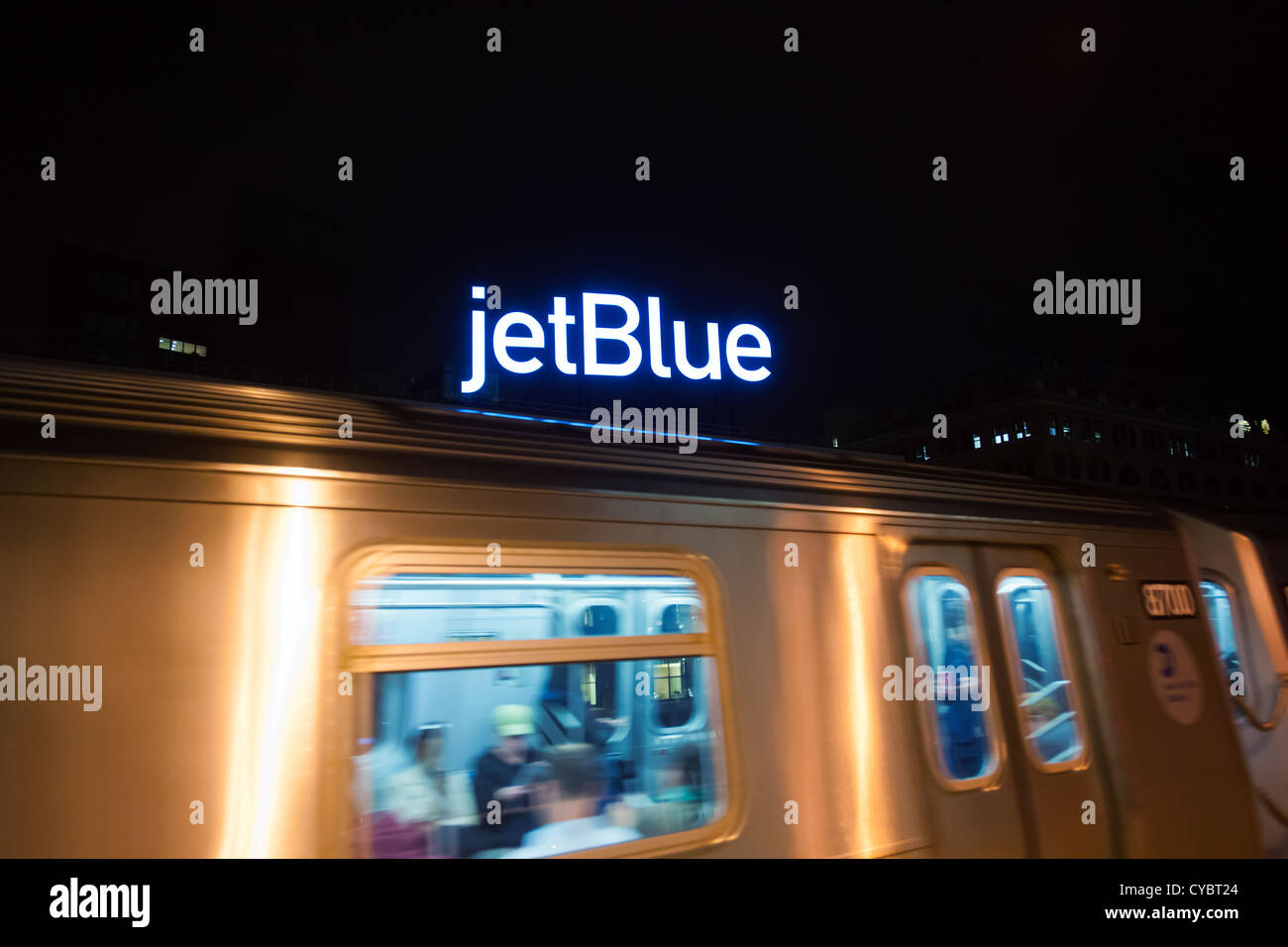 The giant JetBlue Airways illuminated sign on the airlines headquarters ...