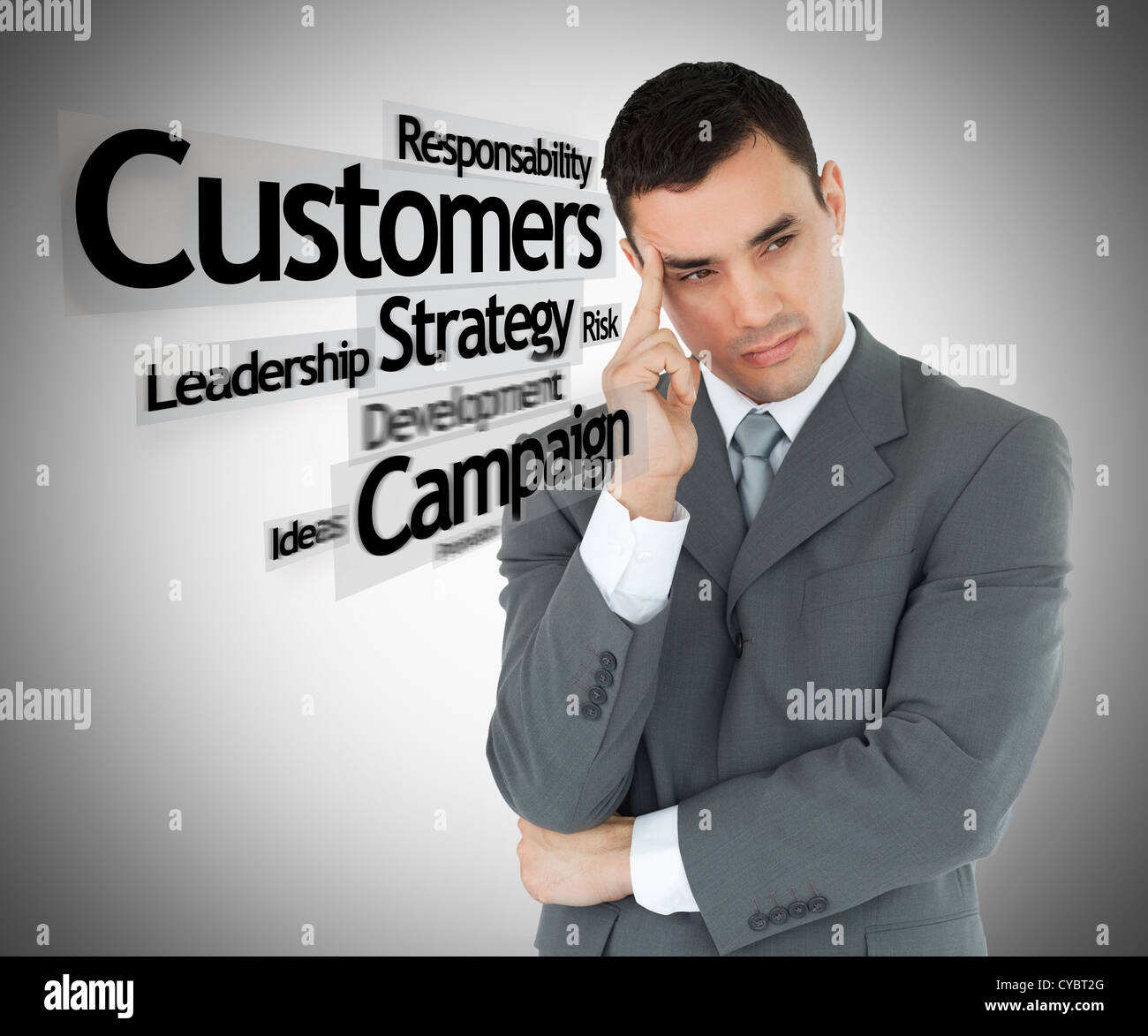 Businessman standing on the right side thinking grey background Stock ...