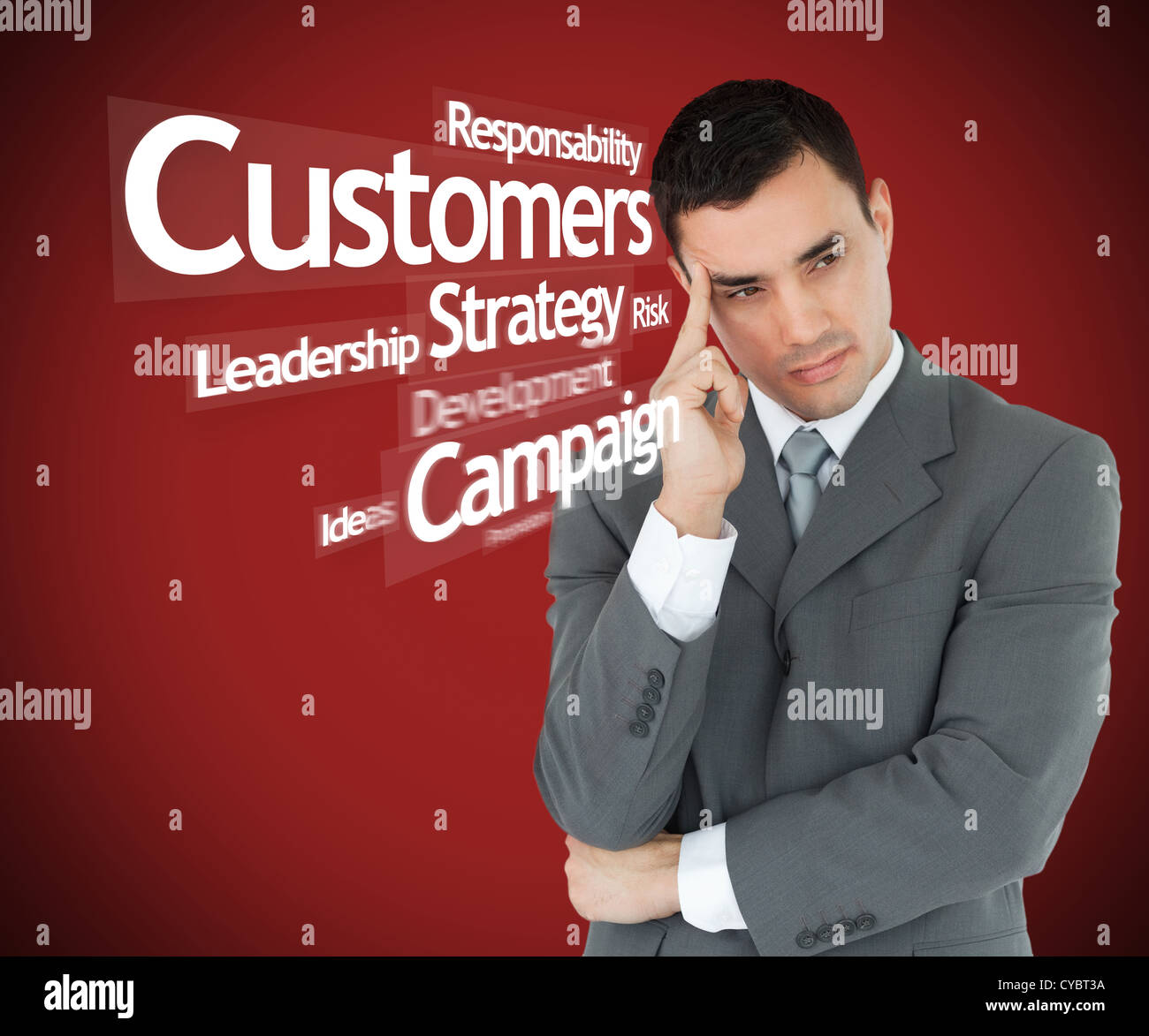 Businessman standing at the right side thinking red background Stock ...