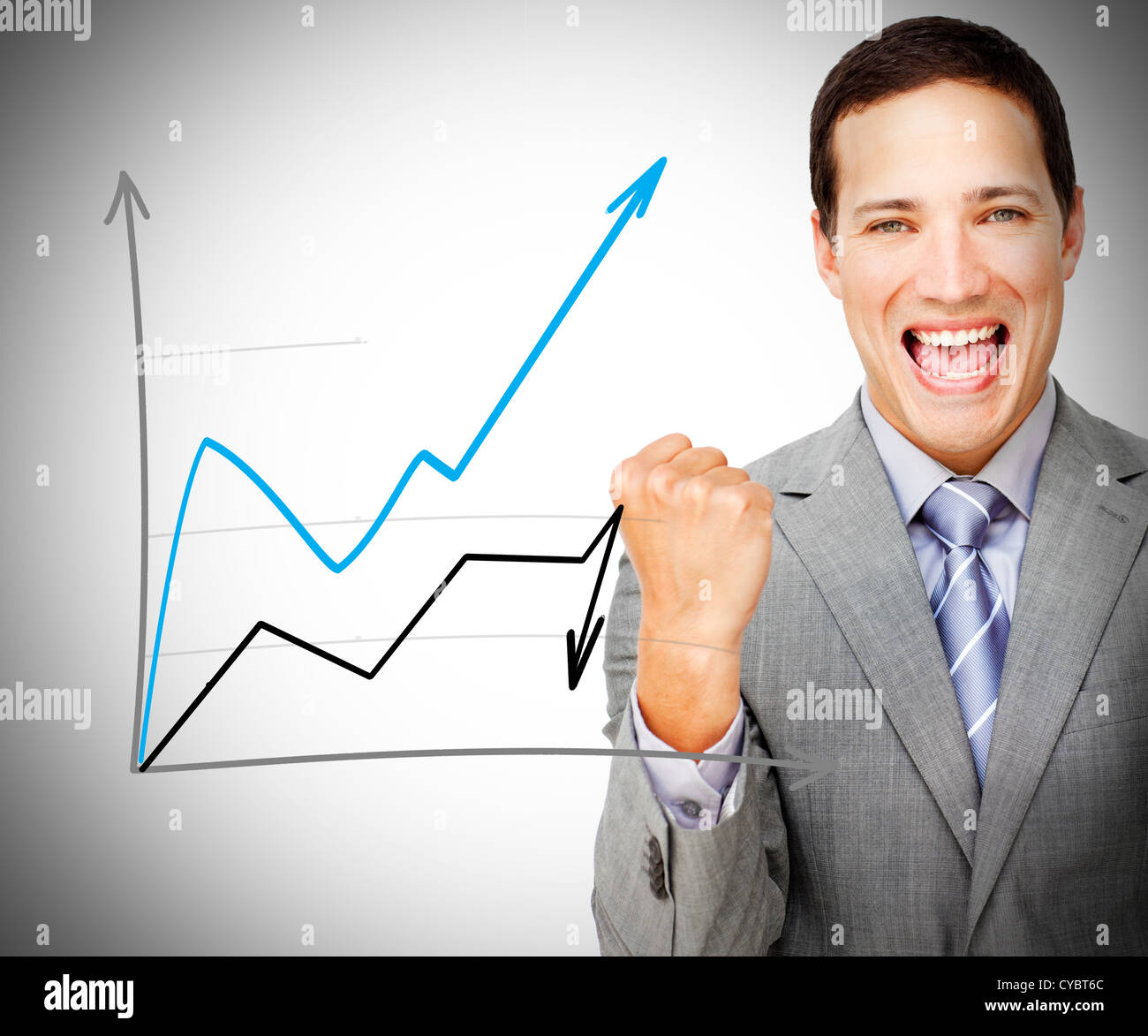 Man happy behind graph Stock Photo - Alamy