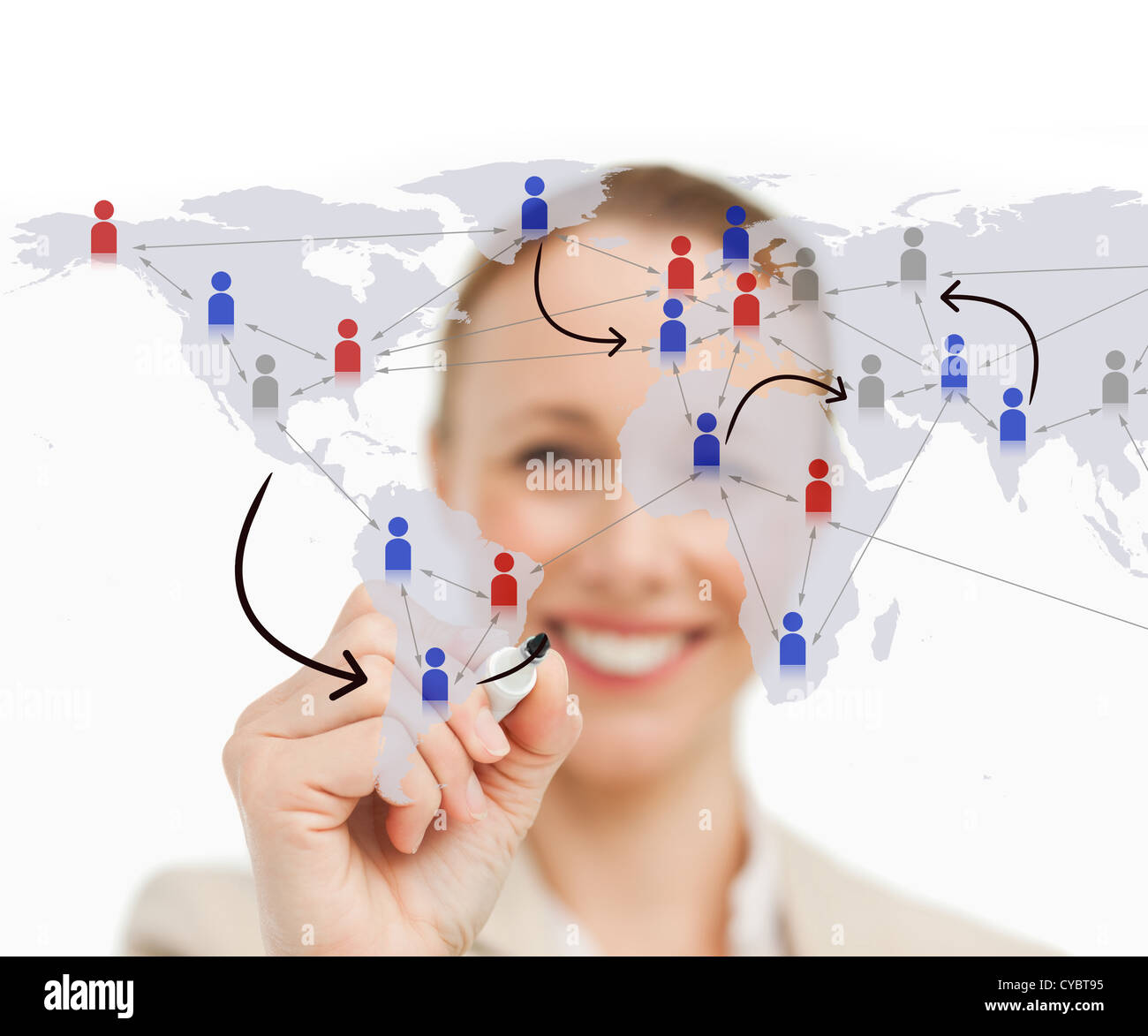 Woman drawing links on the world map Stock Photo - Alamy