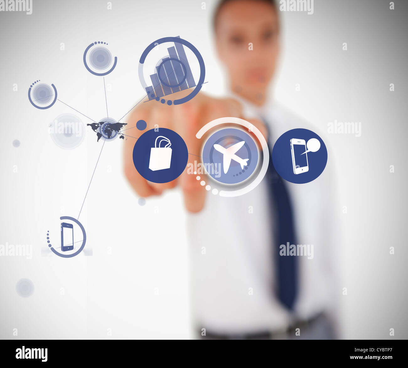 Businessman selecting airplane symbol from digital menu Stock Photo - Alamy