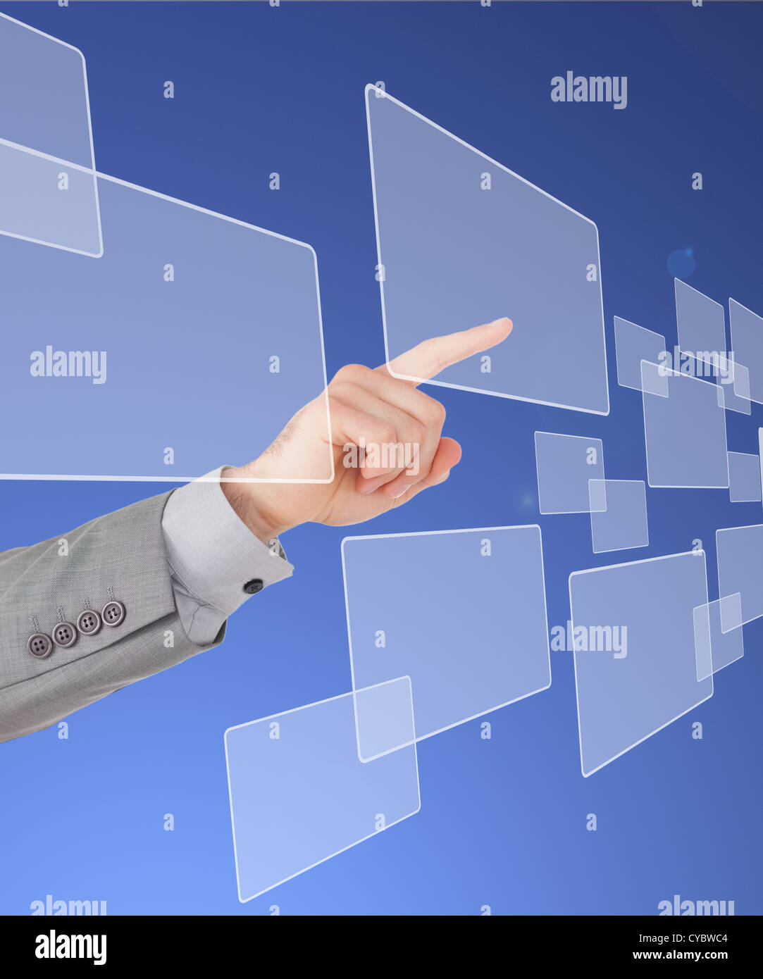 Finger pointing to a square against blue background Stock Photo - Alamy