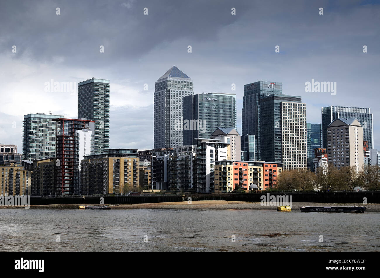 Canary Wharf with River Thames in foreground East London Stock Photo ...