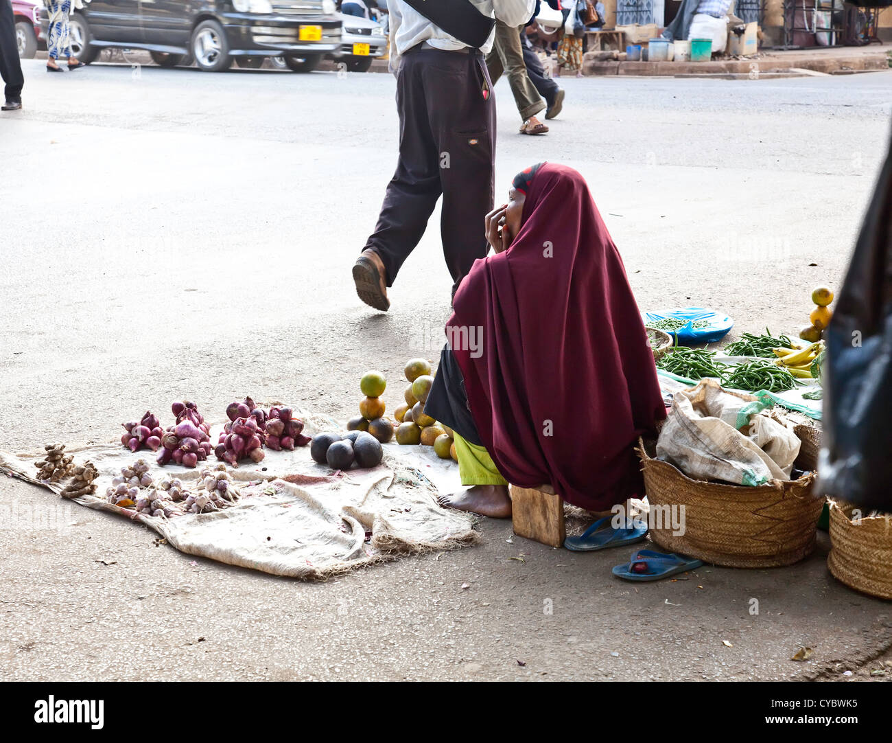 Outdoor fruit and vegetable market on the street of Moshi;Tanzania;East ...