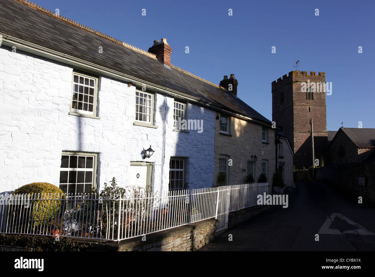 Old Cottages and 14th-century parish church, Talgarth, Powys, Wales, UK ...